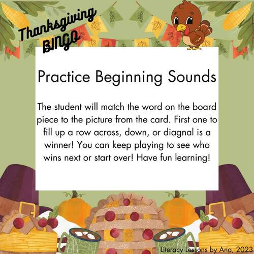 Thanksgiving Activities BINGO Beginning Sounds Practice | TPT