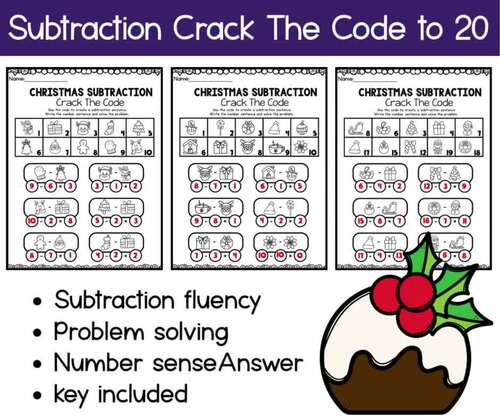 Christmas Crack the Code | Christmas Subtraction Within 20 Worksheets