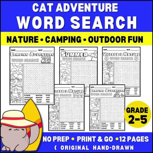 Nature & Camping Word Search Bundle (Grades 2–5) – Hand-Drawn Cat Adventure