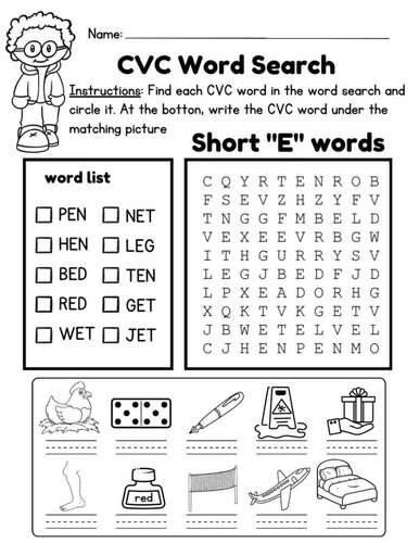 CVC Word Search Puzzles for Early Readers: A, E, I, O, U Practice