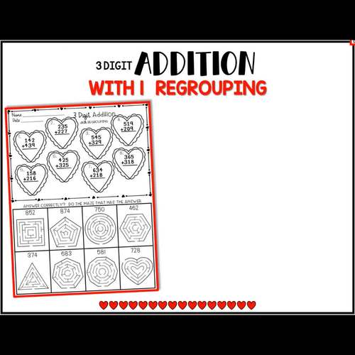 3 Digit Addition Worksheets: With and Without Regrouping – Valentine's Day