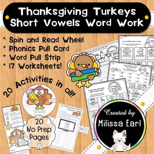 Thanksgiving Turkeys Short Vowels Science of Reading Phonics Worksheets cvc