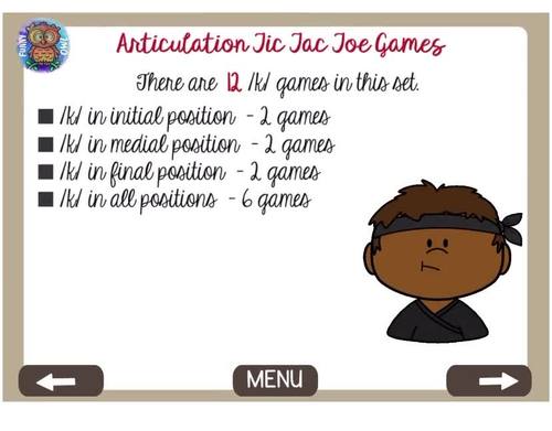 Articulation /K/ | Boom Cards Articulation Tic Tac Toe Games by Funny Owl