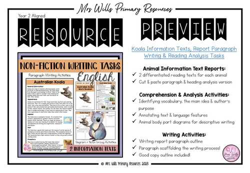 Koala Information Texts, Report Paragraph Writing & Reading Analysis Tasks