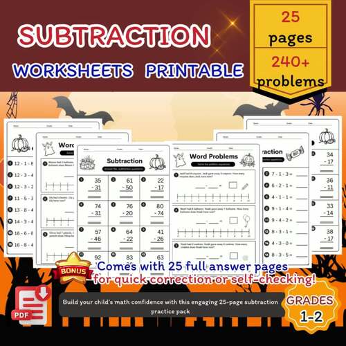 Halloween Subtraction Worksheets First Grade 240+ problems No prep