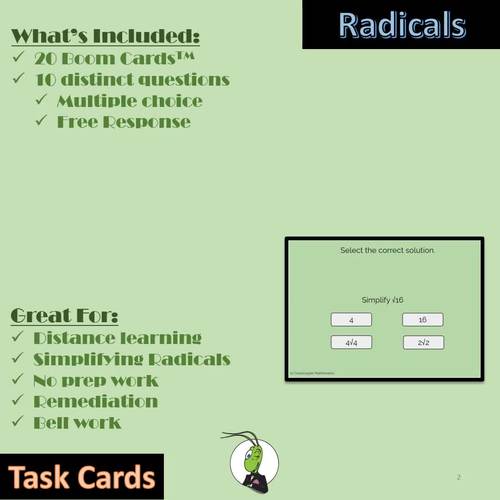 Simplifying Radicals Task Cards for Pre Algebra with Boom Digital