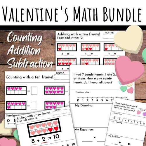 Valentine's Math Bundle Addition & Subtraction Word Problems Ten Frame ...