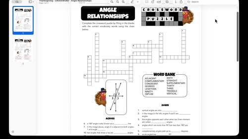 7th/8th Grade Math Worksheet Angle Relationships Review Thanksgiving ...