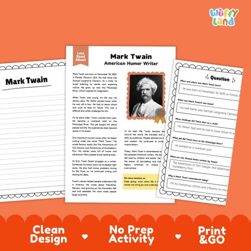 Mark Twain Biography Reading Comprehension | American Author Study Activity