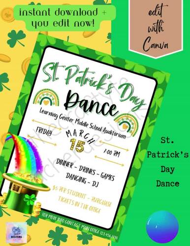 Editable St.Patrick's Day Dance Flyer, School PTO PTA, Social Media ...