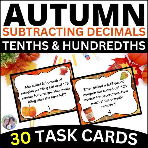 Subtracting Decimals Word Problems Hundredths Task Cards Autumn Back To ...