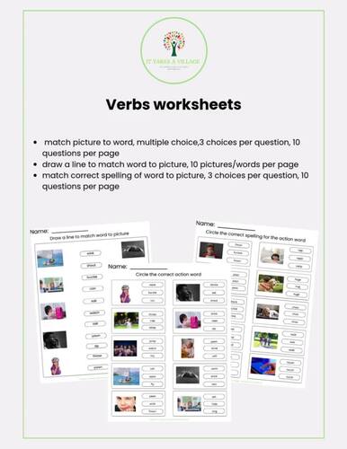 Verbs worksheets-multiple choice, draw a line, circle the correct spelling
