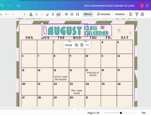 Class Calendar Template | Retro Checkerboard | Customizable Calendar ...