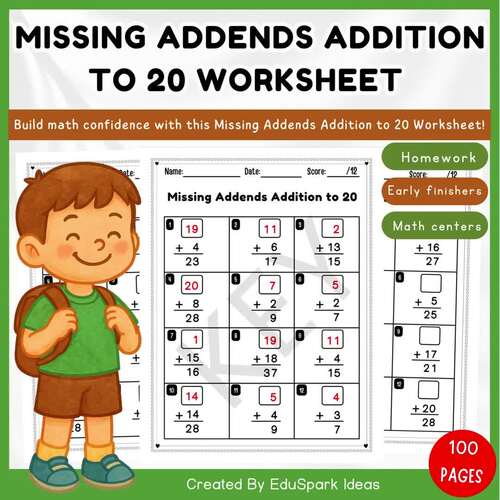 Missing Addends Addition to 20 Worksheet | Find the Missing Number ...