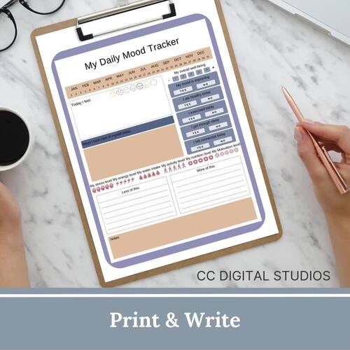 Mood Tracker Therapy Journal, Therapy Worksheets by CC Digital Studios