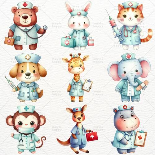 Animals Nurse Watercolor Clipart PNG by Adorable Clipart | TPT