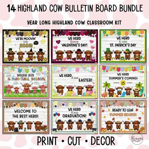 Holiday Door Decor Bulletin Board Bundle | Year Long Highland Cow ...