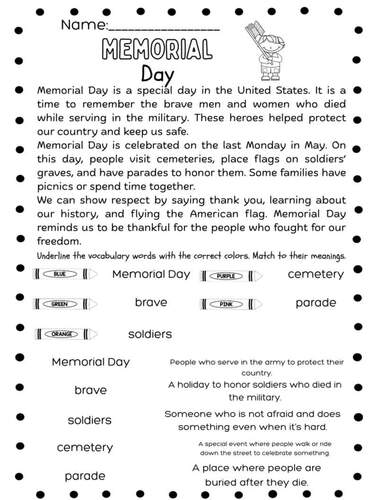 Memorial Day Activity Pack K–5 Reading, Writing, Coloring & Vocabulary