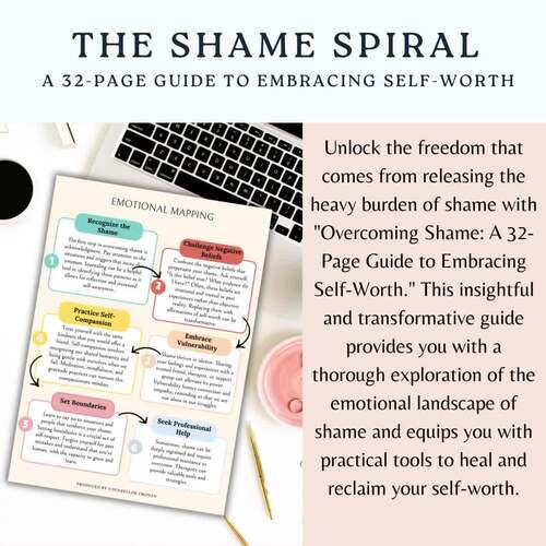 The shame spiral Therapy workbook. Inner critic. Self-love affirmations