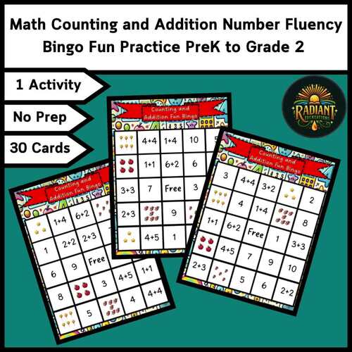 Math Counting and Addition Number Fluency Bingo Fun Practice PreK to ...