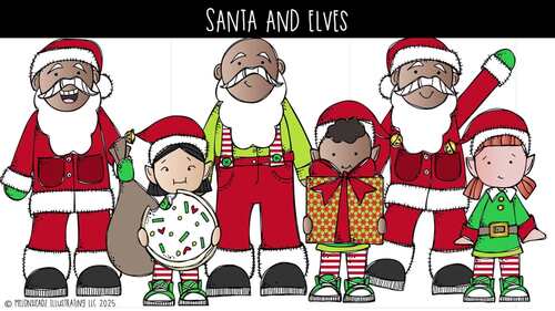 Santa and Elves clip art dark skin tone, Christmas clip art Mini