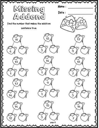 Valentine Addition & Subtraction Missing Addends | Grade 2 | 2.OA.B.2