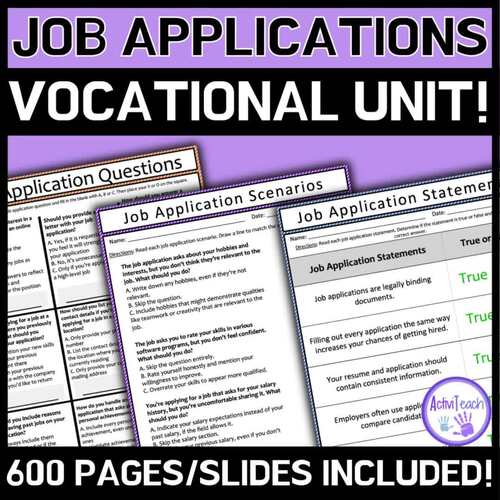 Job Application Special Education Unit Life Skills Vocational Skills Unit