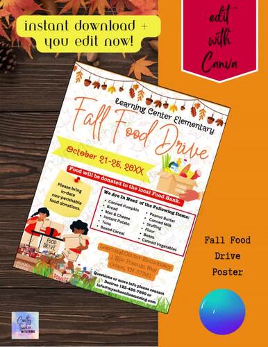 EDITABLE | Fall Food Drive Flyer | Thanksgiving Fundraiser | Charitable