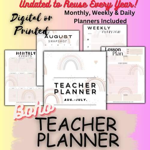 Boho Teacher Planner, Year Undated, Digital, Monthly, Weekly, Daily ...