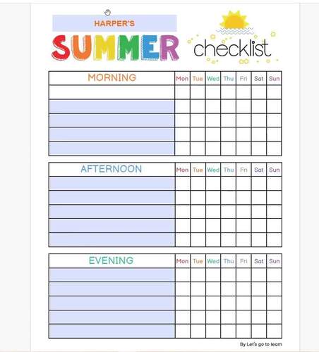 SUMMER Daily Checklist, Chore Chart, Editable Summer Planner, Summer Rules