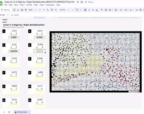 4 Digit by 1 Digit Multiplication Google Sheets Digital Pixel Art Math ...
