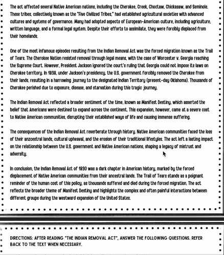Indian Removal Act Reading Passage with Multiple Choice and Essay Questions