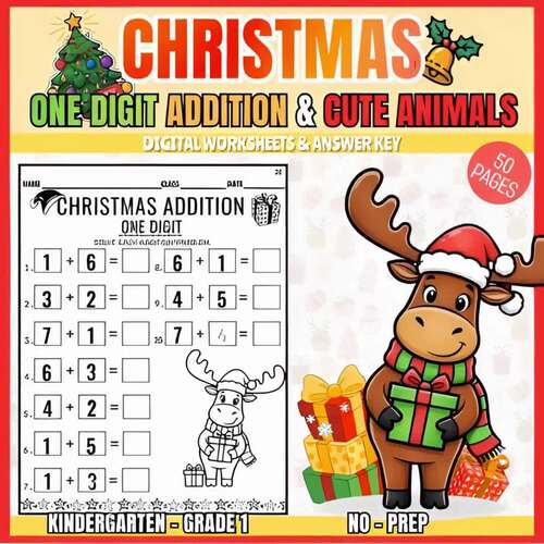 Christmas One-Digit Addition Worksheets | 50 Pages | Animals Coloring