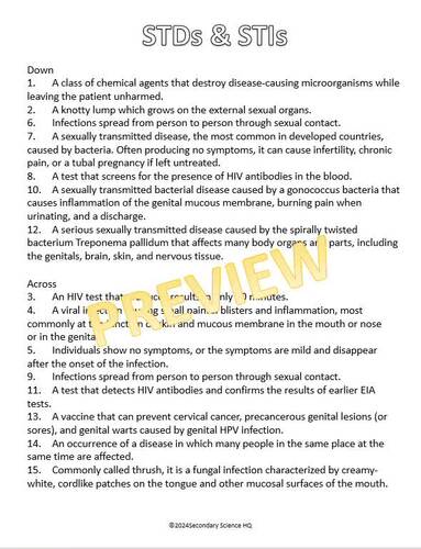 STDs and STIs Health Vocabulary Puzzles | Health | crossword and wordsearch