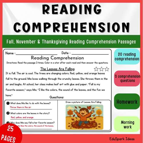 Fall Reading Comprehension| Fluency Practice | Thanksgiving & November ...