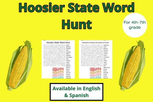Indiana Word Search-Available in (English & Spanish). For 4th-7th grade.
