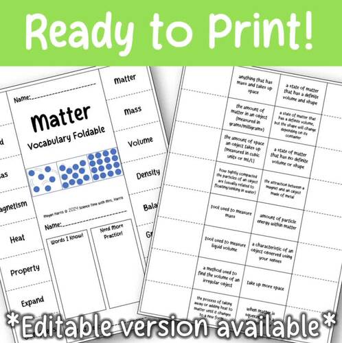 Matter Vocabulary Science Study Foldable and Mini Flashcards | TPT