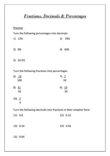 Maths Fractions and Decimals Worksheets by Worksheet Whisperer | TPT
