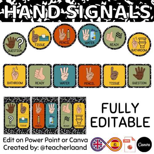 Editable Hand Signal Posters | Composition Notebook Classroom Decor