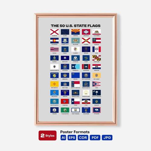 50 US State Flags Poster Printable | Original Ratio Flag, Classroom Decor