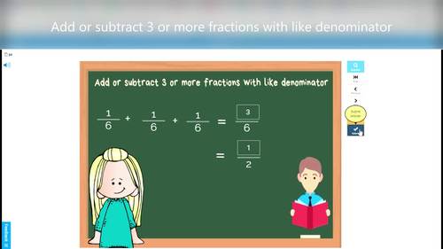 Add or subtract three or more fraction with like denominator | Boom card