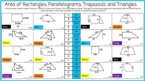 Area of Parallelograms, Triangle, Trapezoids and Rectangles Digital Color