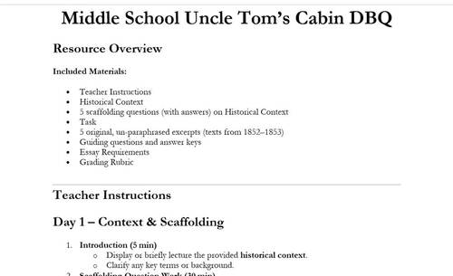 Middle School Uncle Tom's Cabin DBQ by PBL History & Civics | TPT