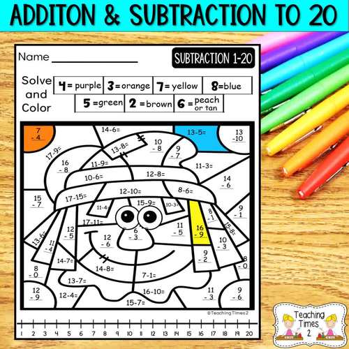 Thanksgiving Addition and Subtraction to 20 Color by Number Printables