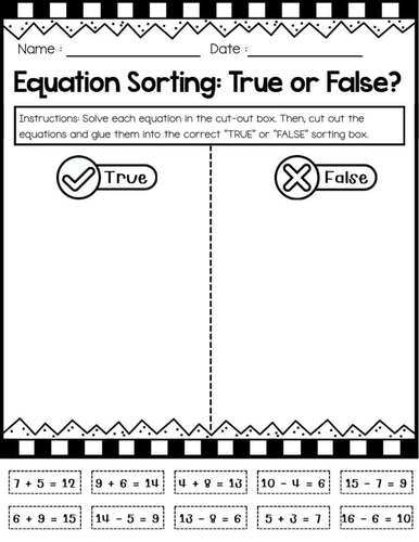 True or False Equations Activities | Sort, Color, Check & Fix for 1st Grade
