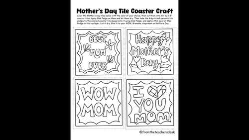 Mother's Day Coaster Tile Craft Worksheets for Kindergarten, 1st 2nd ...