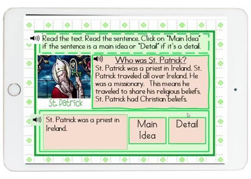 St. Patrick's Day Main Idea and Details (Boom Cards with Audio) | TPT