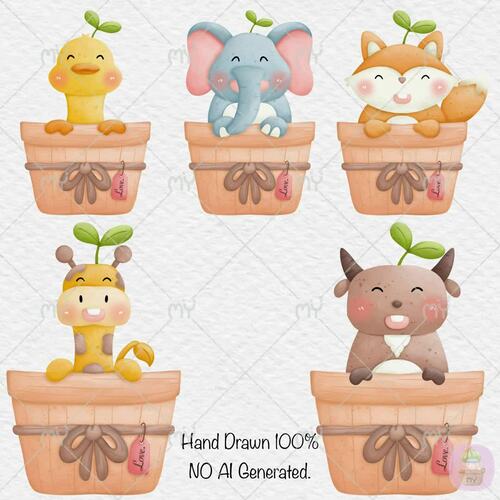 Animals and plant pot watercolor so cute elements PNG. by ArmyMagic