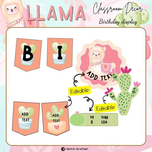 Birthday Bulletin Board Kit Birthday Chart LLAMA Themed | Editable