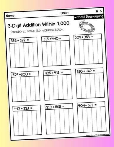 Outer Space 3 Digit Addition Worksheets Vertical Format No Regrouping ...